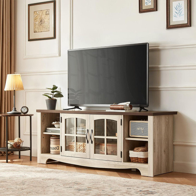 August Grove® HOME Farmhouse TV Stand, Wood Entertainment Center with Glass Door Storage Cabinet ...